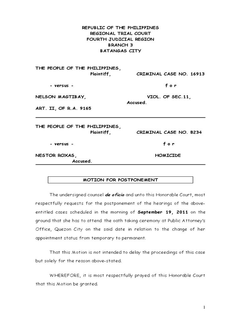 Motion for Postponement in Batangas Court | PDF | Common Law | Justice