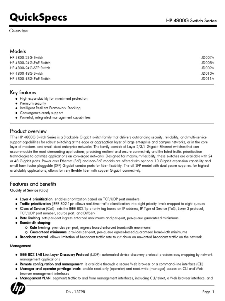 Quickspecs: Models Models Models Models | PDF | Ip Address | I Pv6