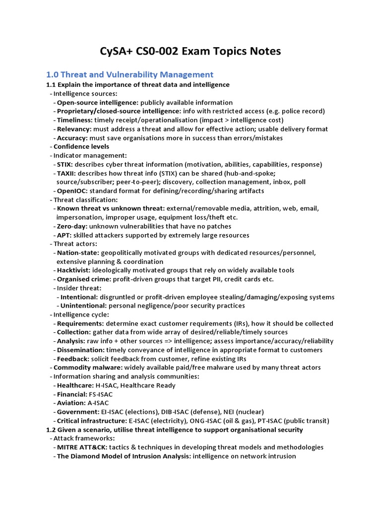Cysa+ Cs0-002 Exam Topics Notes: 1.0 Threat and Vulnerability ...