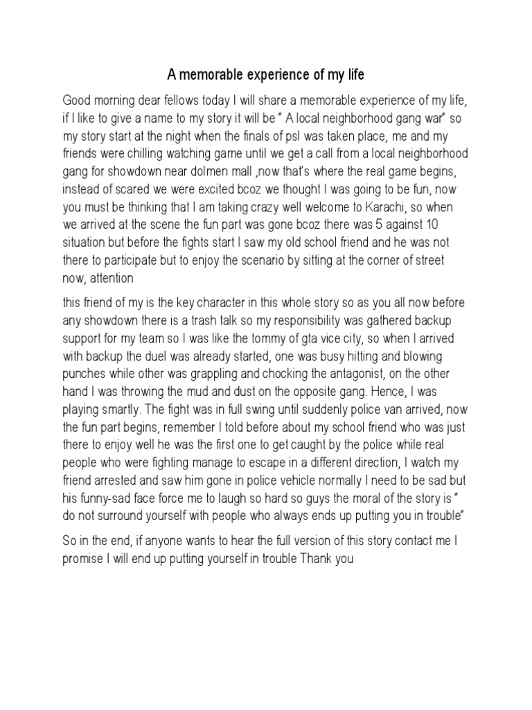 A Memorable Experience of My Life | PDF