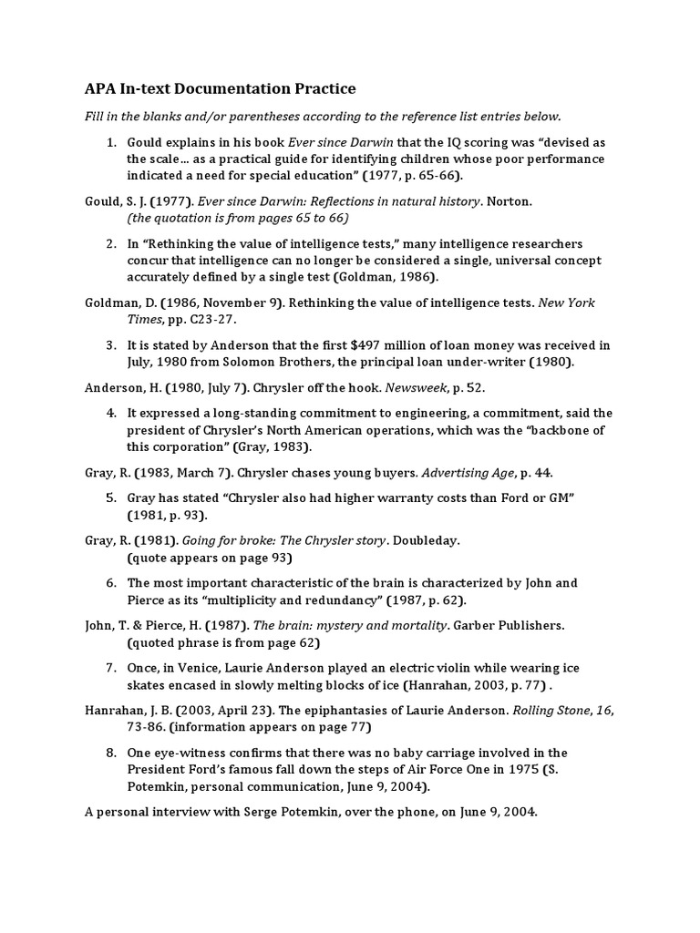 APA In-Text Worksheet 2020 v2 | PDF