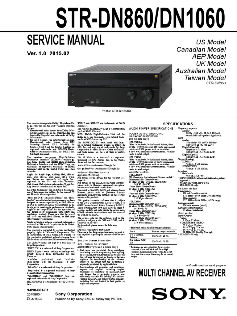 Sony Str-dn860 Str-dn1060 Ver.1.0 Multi Channel Av Receiver SM | PDF ...