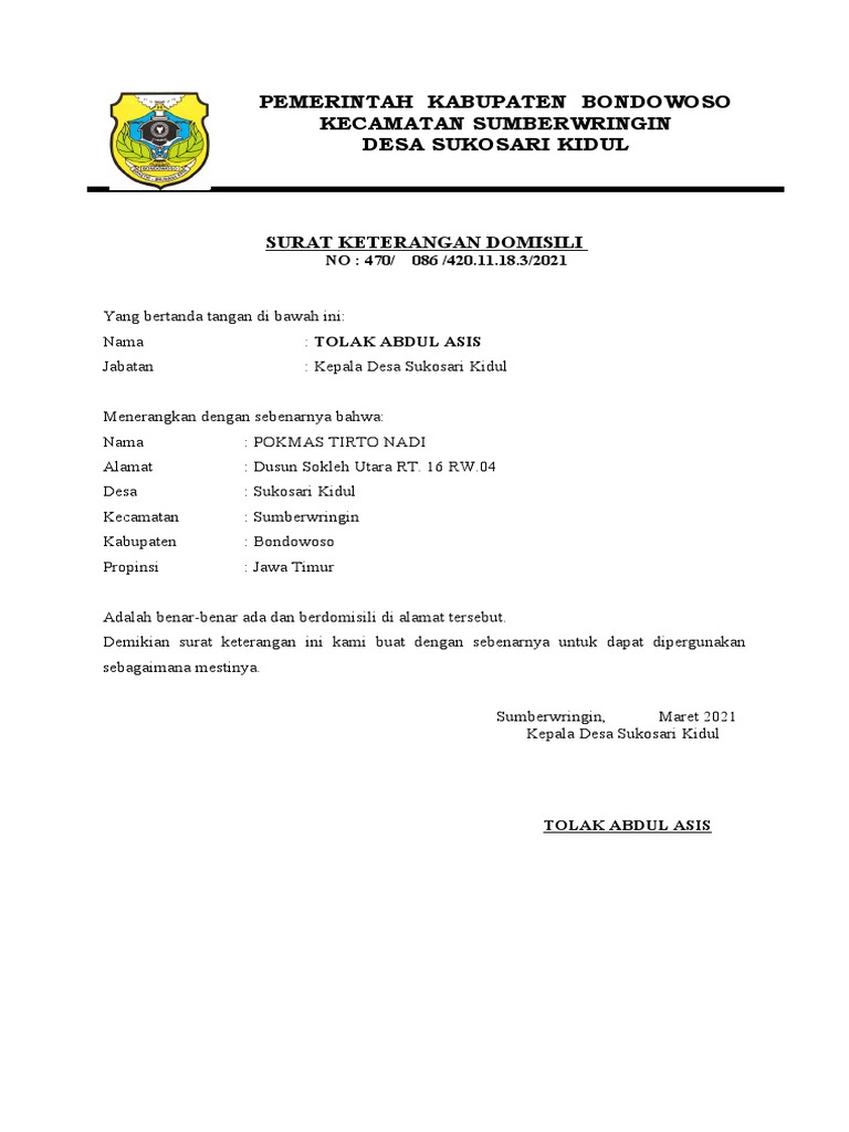 Surat Keterangan Domisili Pokmas | PDF
