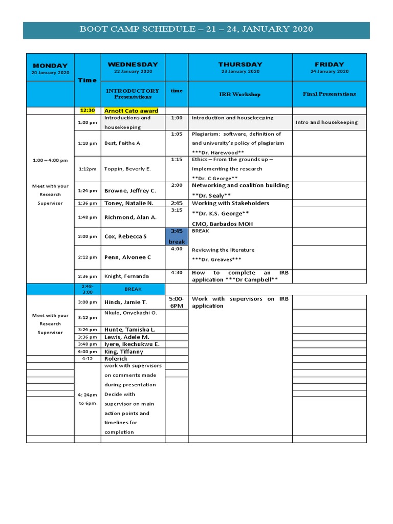 Boot Camp Schedule 2020 (Draft) | PDF