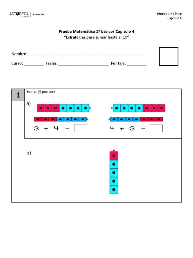 Prueba 1º Básico CAP 4 Estrategias para Sumar Hasta 10 | PDF ...