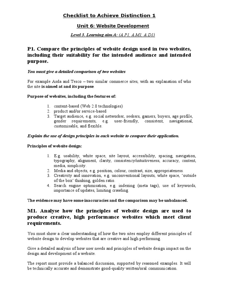 Level 3. Learning Aim A: (A.P1, A.M1, A.D1) : Checklist To Achieve ...