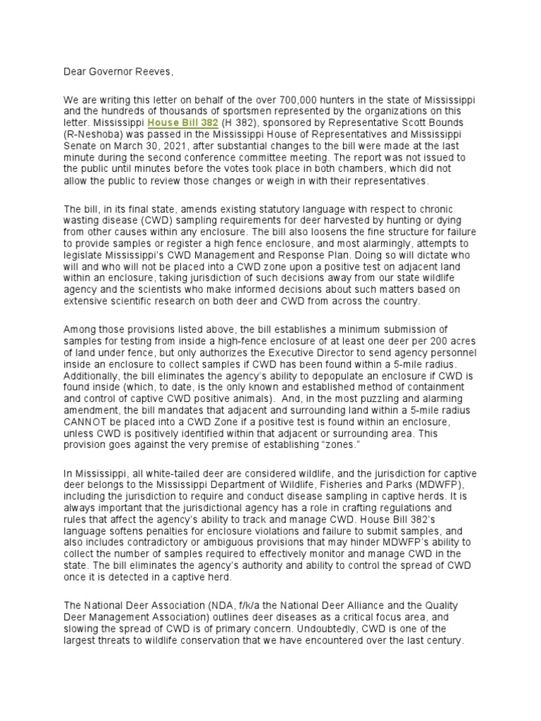 Letter To Gov. Tate Reeves On House Bill 382 Final | PDF | White Tailed ...