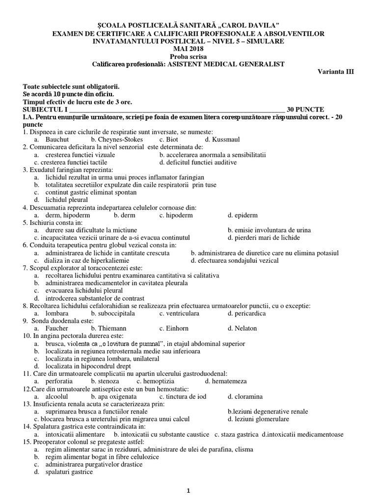 Varianta Simulare 2018 - AMG | PDF