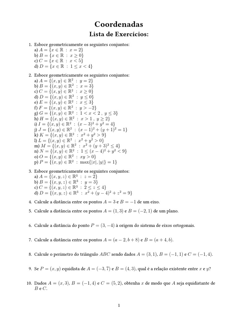 Exercícios De Coordenadas E Geometria Pdf Sistema De Coordenadas