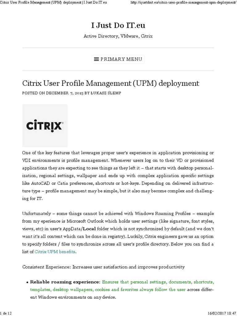 Citrix User Profile Management Guide | PDF | Group Policy | Windows ...