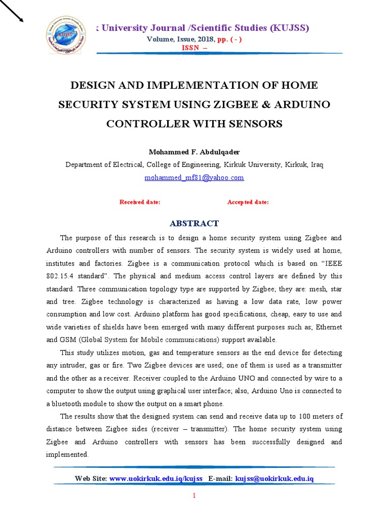 Design And Implementation Of Home Security System Using Zigbee And Arduino Controller With Sensors 