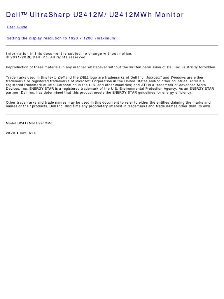 Dell™ Ultrasharp U2412M/U2412Mwh Monitor: User Guide Setting The ...