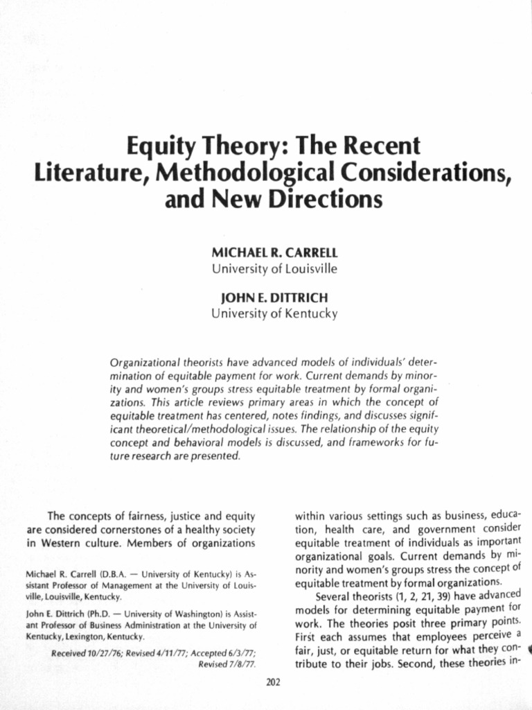 Equity Theory: The Recent Literature, Methodological Considerations ...