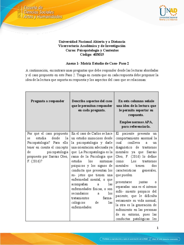 Anexo 1 - Matriz Estudio de Caso - Paso 2-1 | PDF | Psicopatología | Trastorno mental