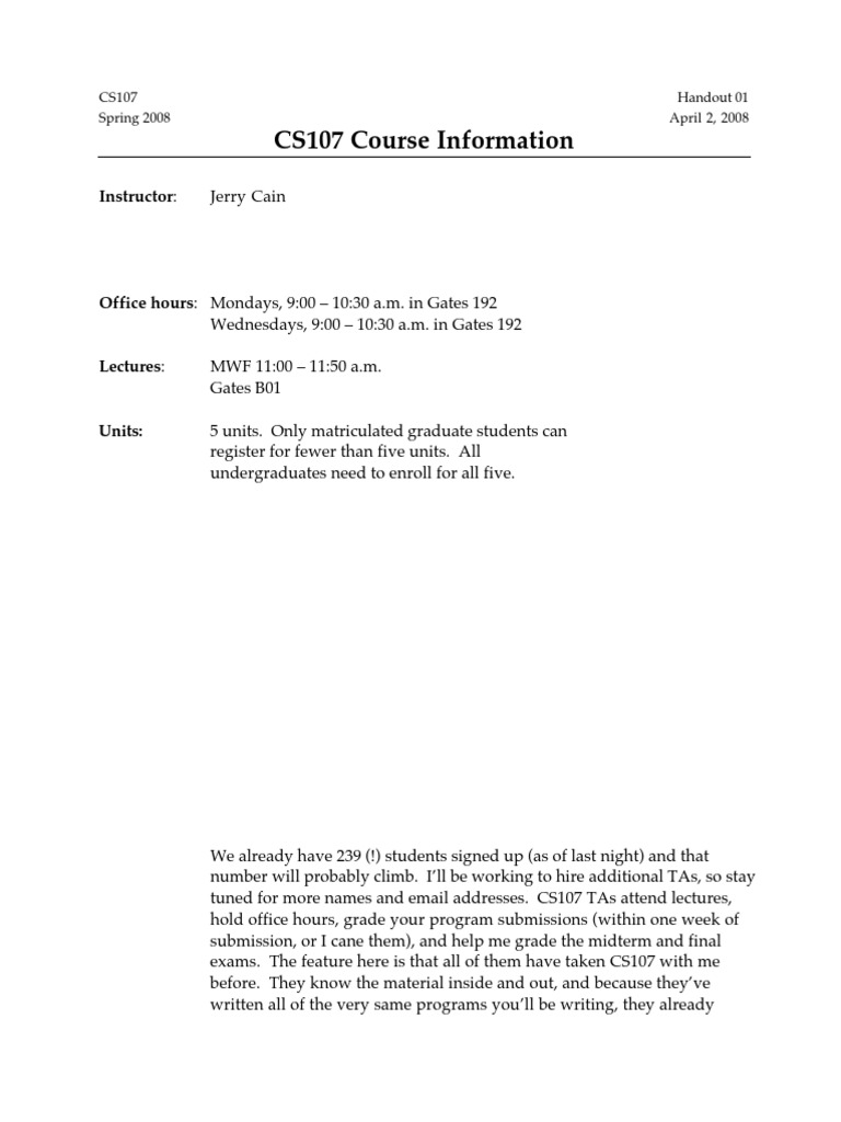 01 CS107 Course Information | Download Free PDF | C++ | Scheme (Programming Language)