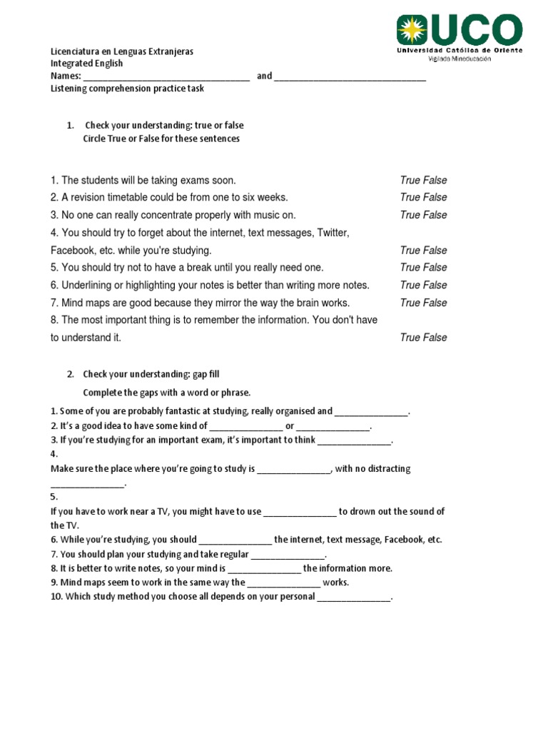 True/False Listening Comprehension Task | PDF