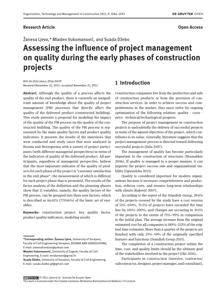 Assessing The Influence of Project Management On Quality During The ...