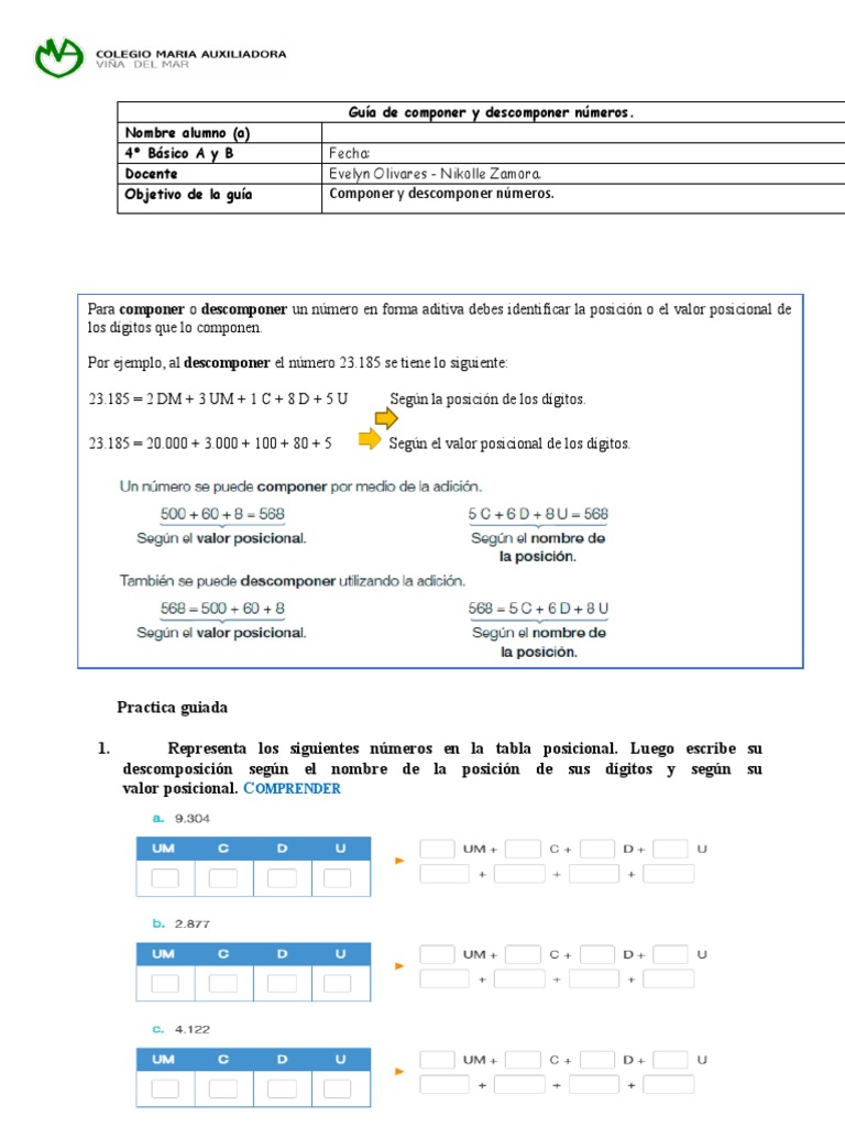 Guía de Componer y Descomponer Números. | PDF