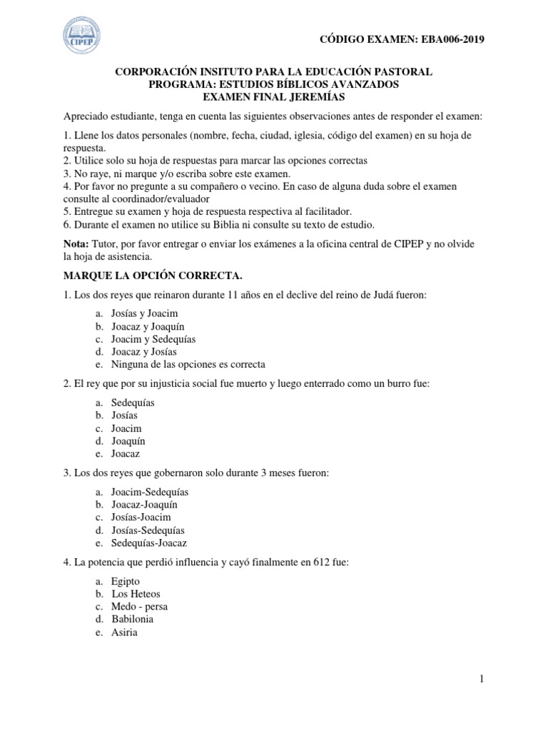 Examen Final sobre Jeremías y Sedequías | PDF | Jeremías | Biblia hebrea