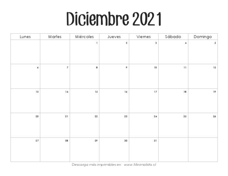 Calendario Diciembre 2021 Imprimible | PDF