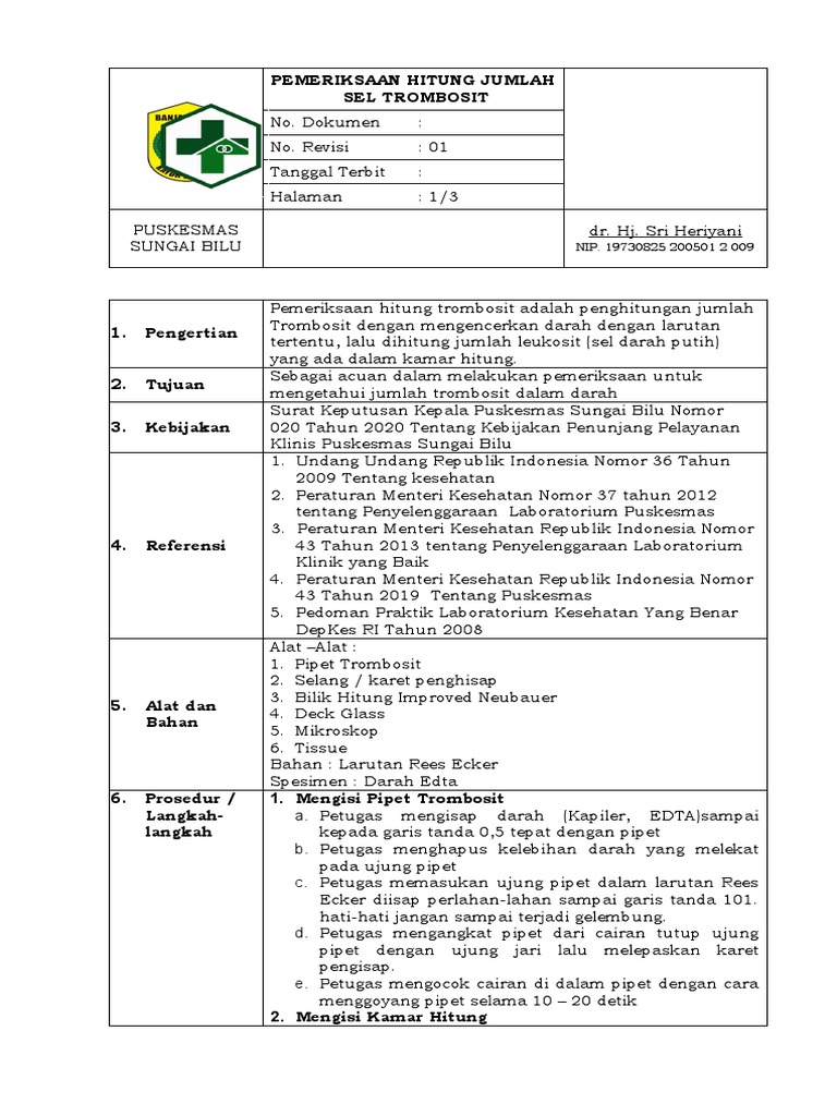 8.1.1.1 SOP 4. Pemeriksaan Hitung Jumlah Trombosit Rev 1 | PDF