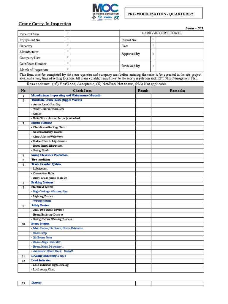 Form Inspection Premob - Quarterly (1) - 2 | PDF | Crane (Machine ...