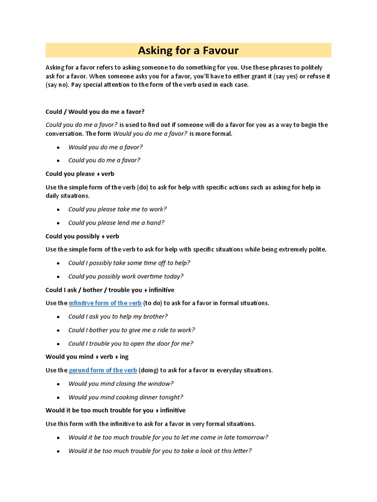 Asking For A Favour: Could / Would You Do Me A Favor? | PDF | Verb