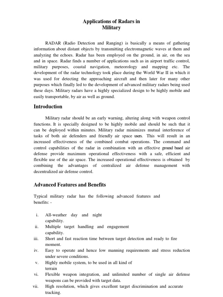 Military Radar Applications Overview | PDF | Radar | Detector (Radio)