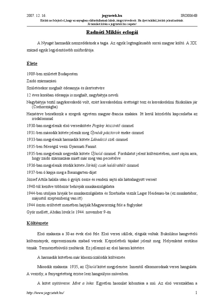 Radnóti Miklós eclogái - jegyzetek.hu | PDF
