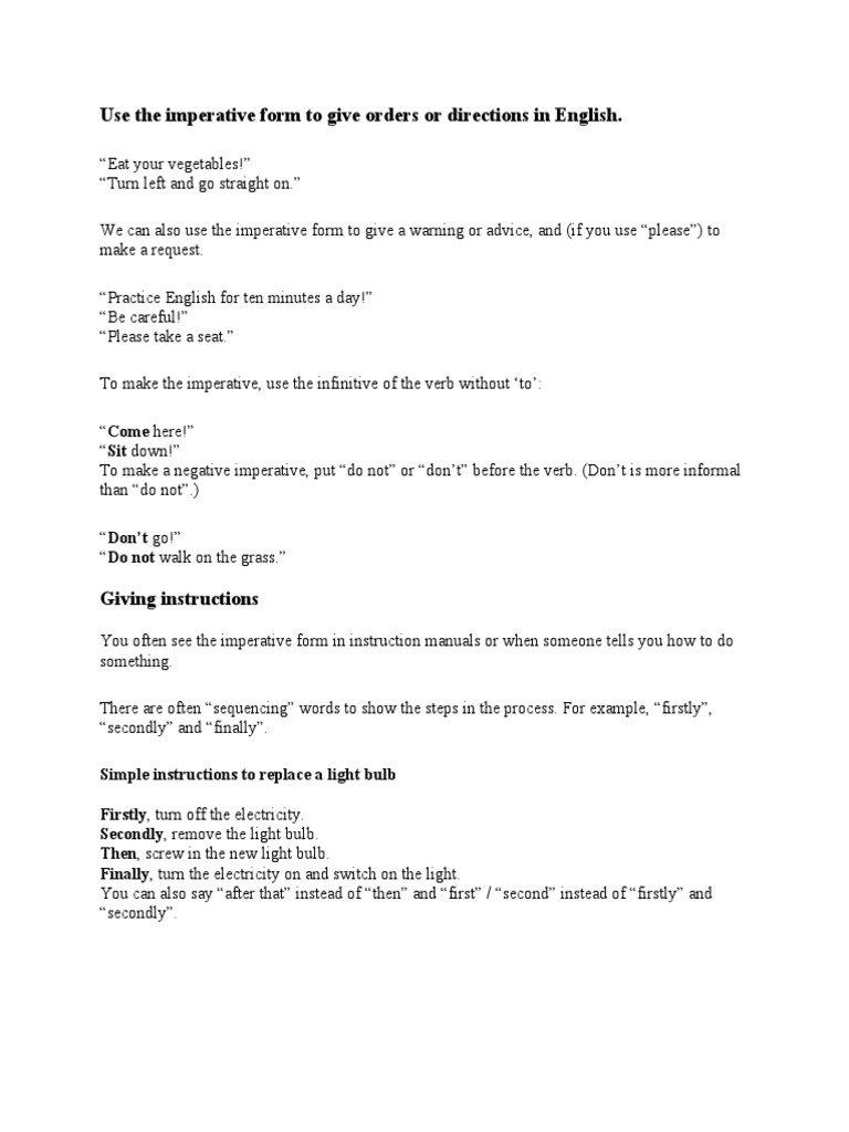 Use The Imperative Form To Give Orders or Directions in English | PDF ...