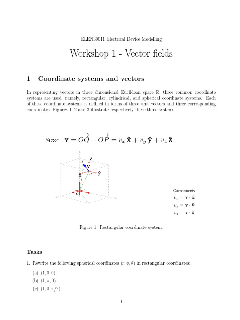 Workshop 1 Vector Fields 1 Coordinate Systems And Vectors Pdf Euclidean Vector