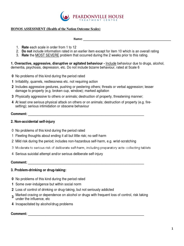 HONOS ASSESSMENT (Health of The Nation Outcome Scales) | PDF | Delusion ...