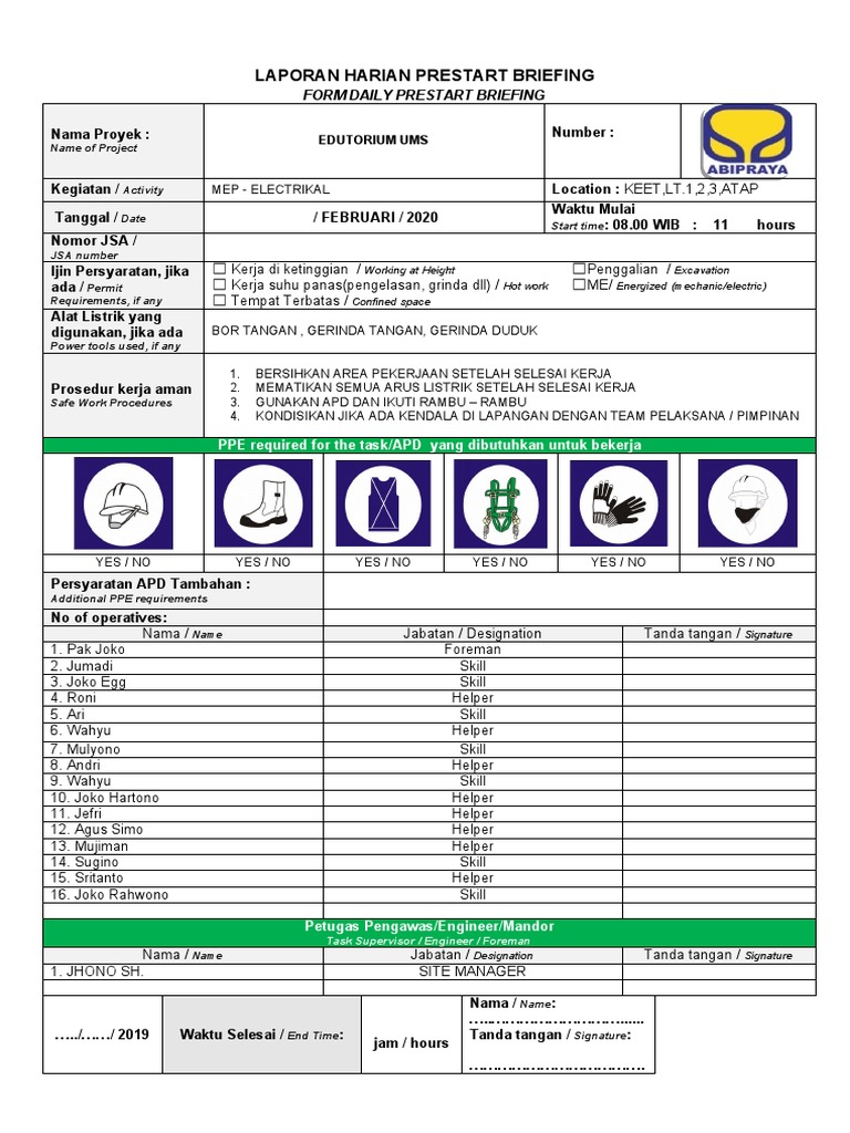 Lamp.8 Form Toolbox Talk (Pre Start Briefing) | PDF