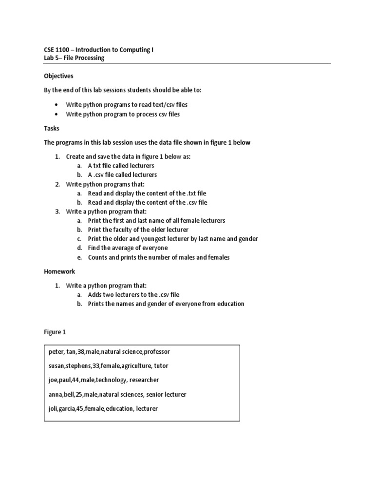 CSE 1100 - Introduction To Computing I Lab 5 - File Processing Objectives | PDF