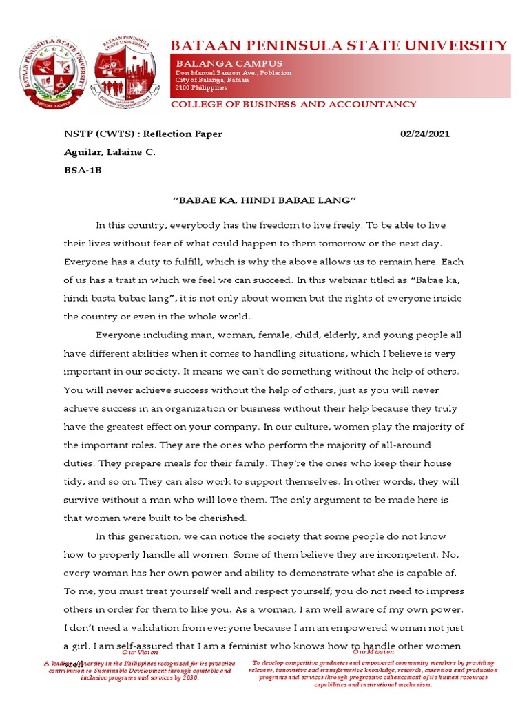 Aguilar Lalaine C. BSA 1B NSTP Reflection Paper 1 | PDF | Sustainable ...