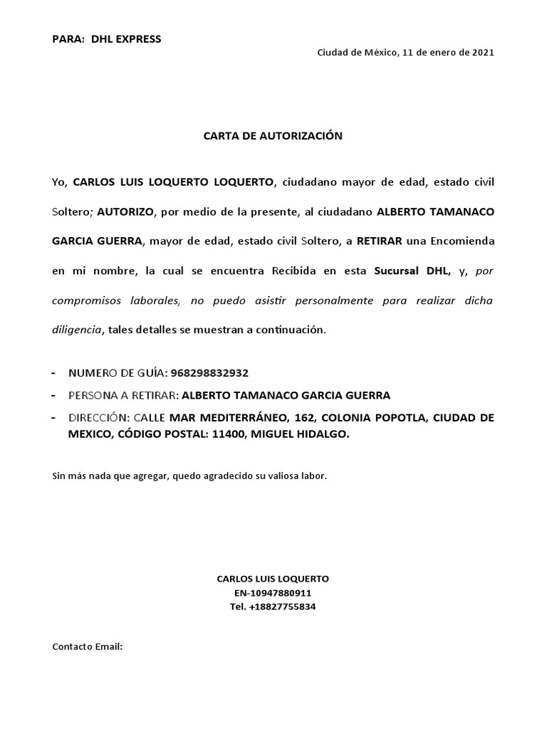 Carta Poder para Recoger Paquete DHL | PDF | Ciencias sociales | Derecho