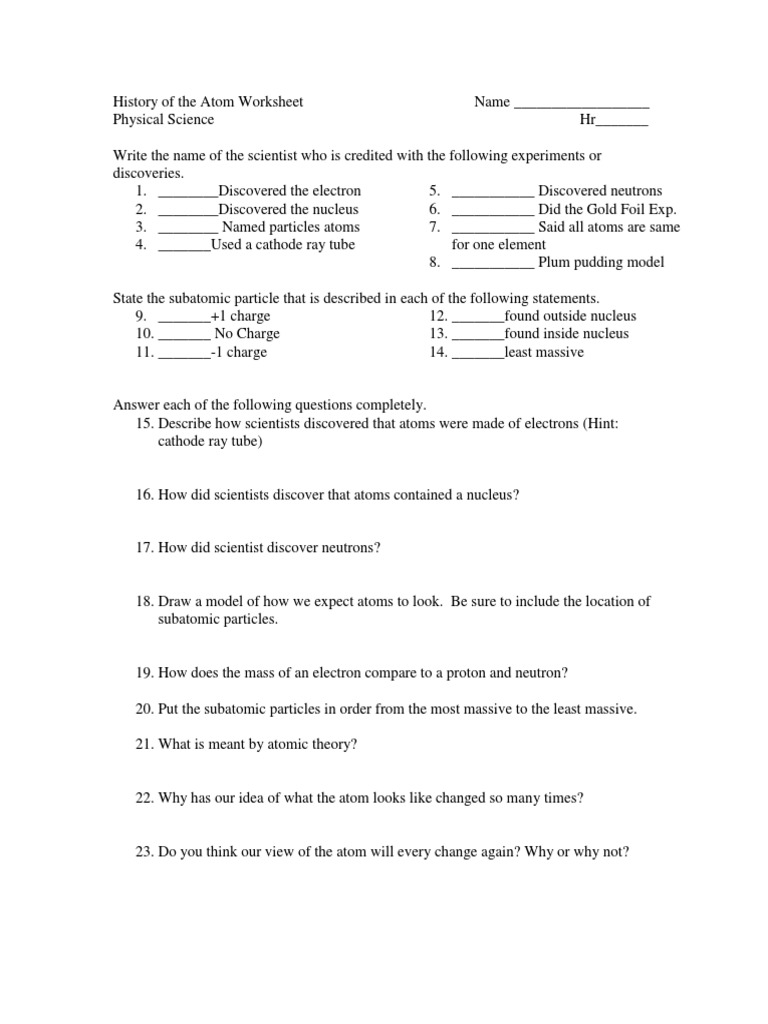 10.1 History of The Atom Worksheet | PDF