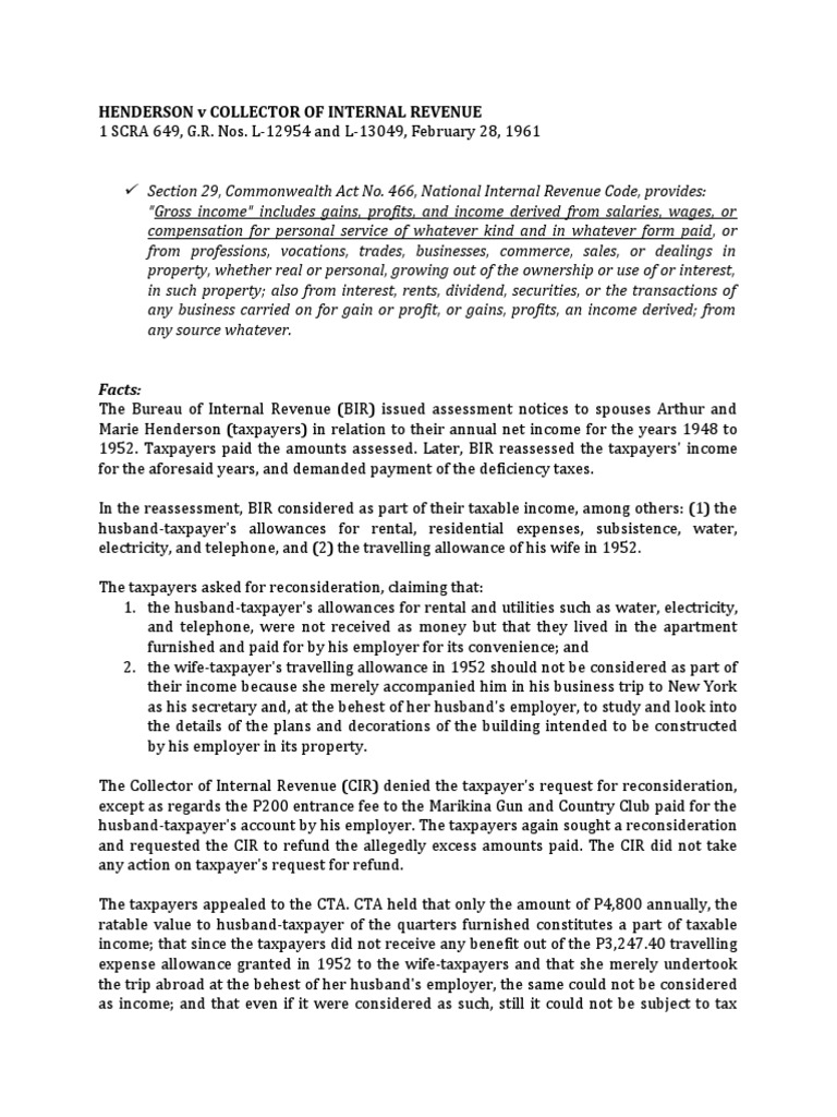 Henderson V Collector | PDF | Gross Income | Taxpayer