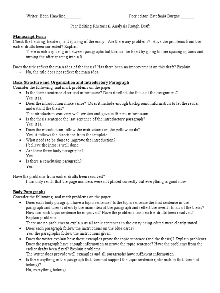 Peer Editing Rhetorical Analysis Draft | PDF | Paragraph | Comma