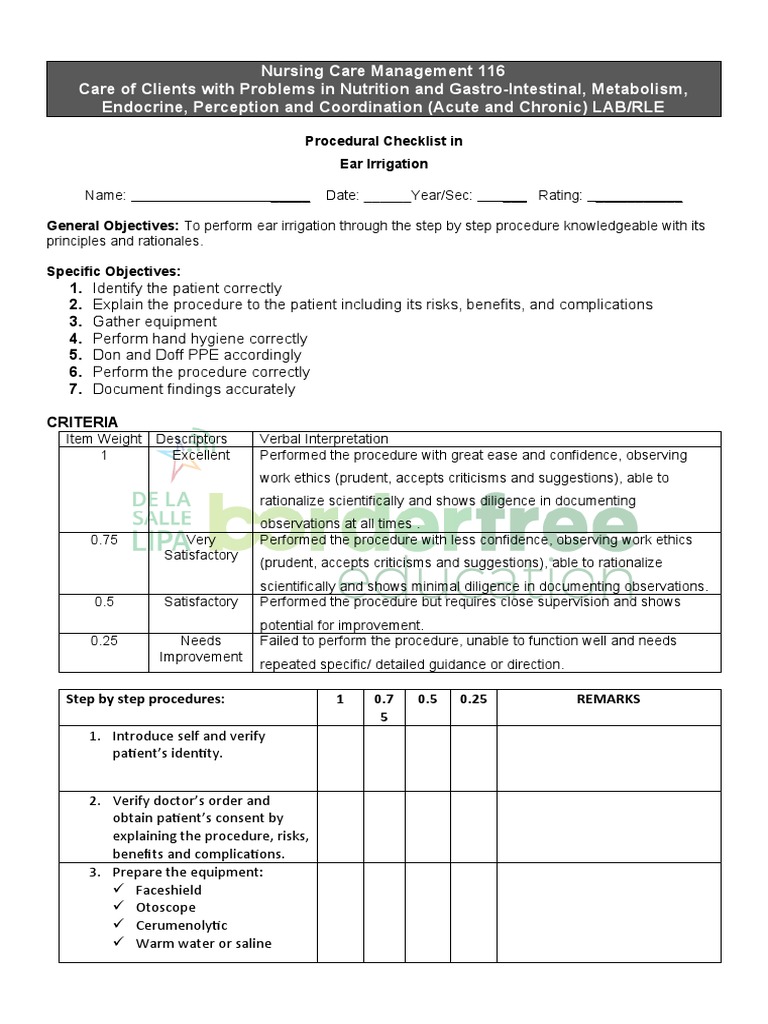 Ear Irrigation Checklist | PDF | Medical Specialties | Health Care