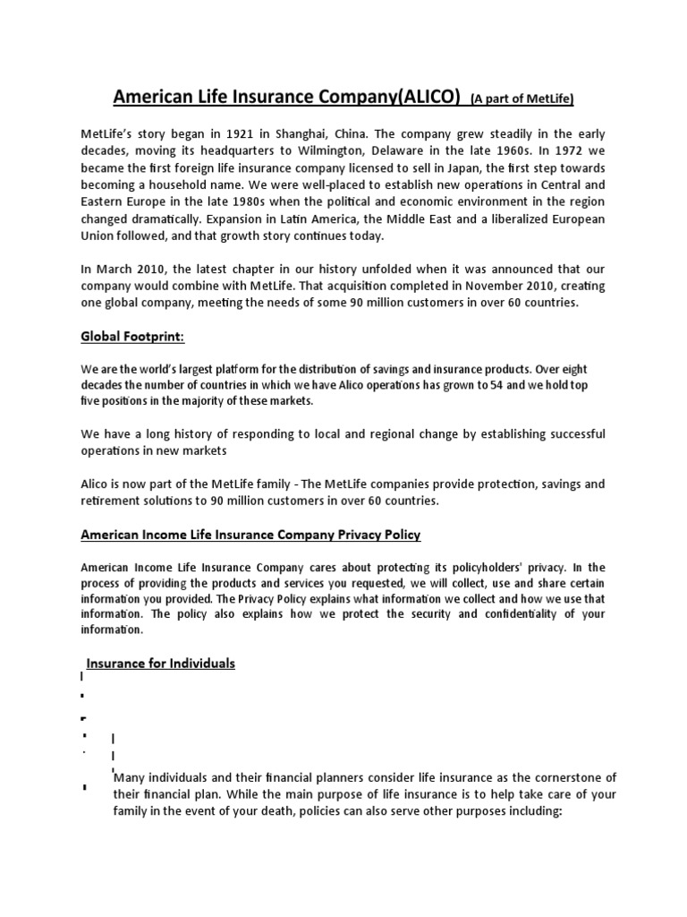 American Life Insurance Company (ALICO) : Global Footprint | PDF | Met ...