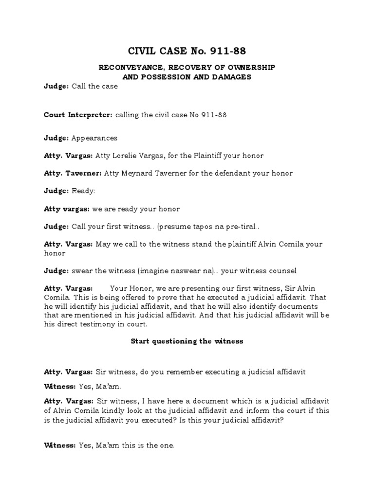 Civil Case No. 911-88 Mock Trial Script | PDF | Affidavit | Judge