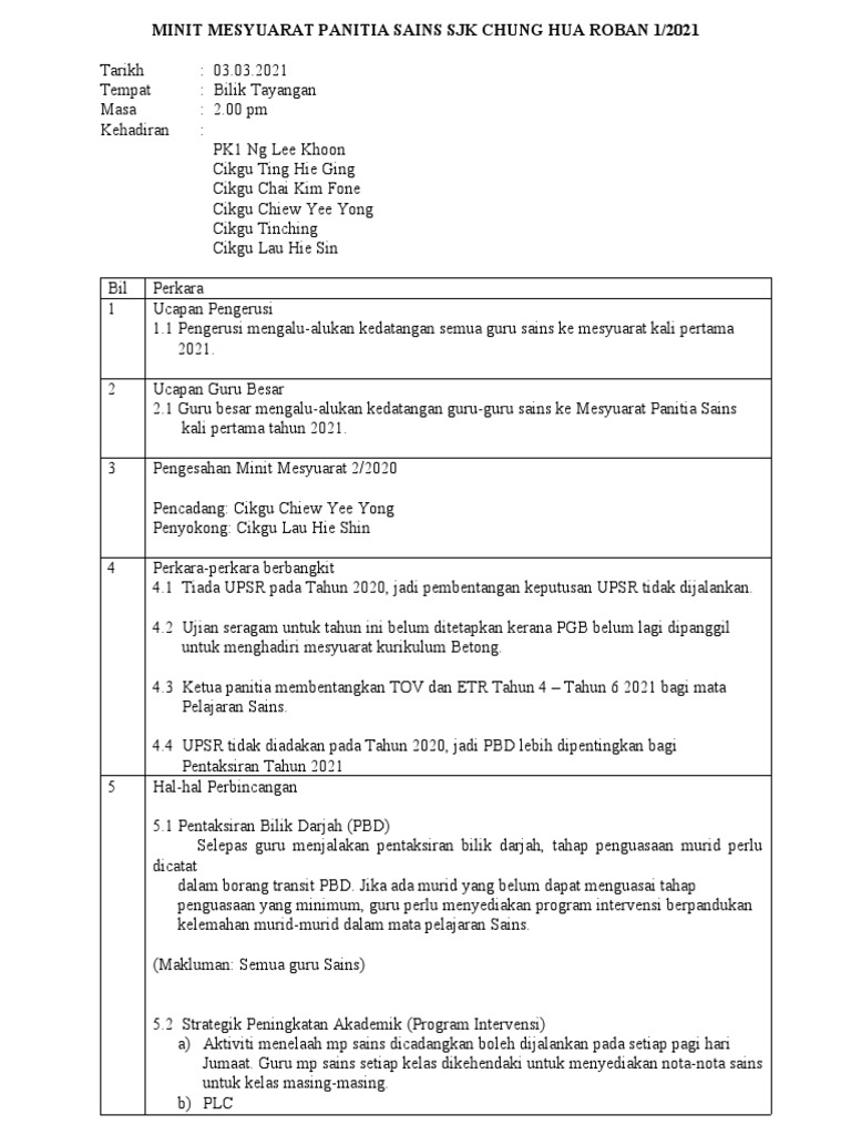 MINIT MESYUARAT PANITIA SAINS SJK CHUNG HUA ROBAN 1 (2021) (AutoRecovered) | PDF