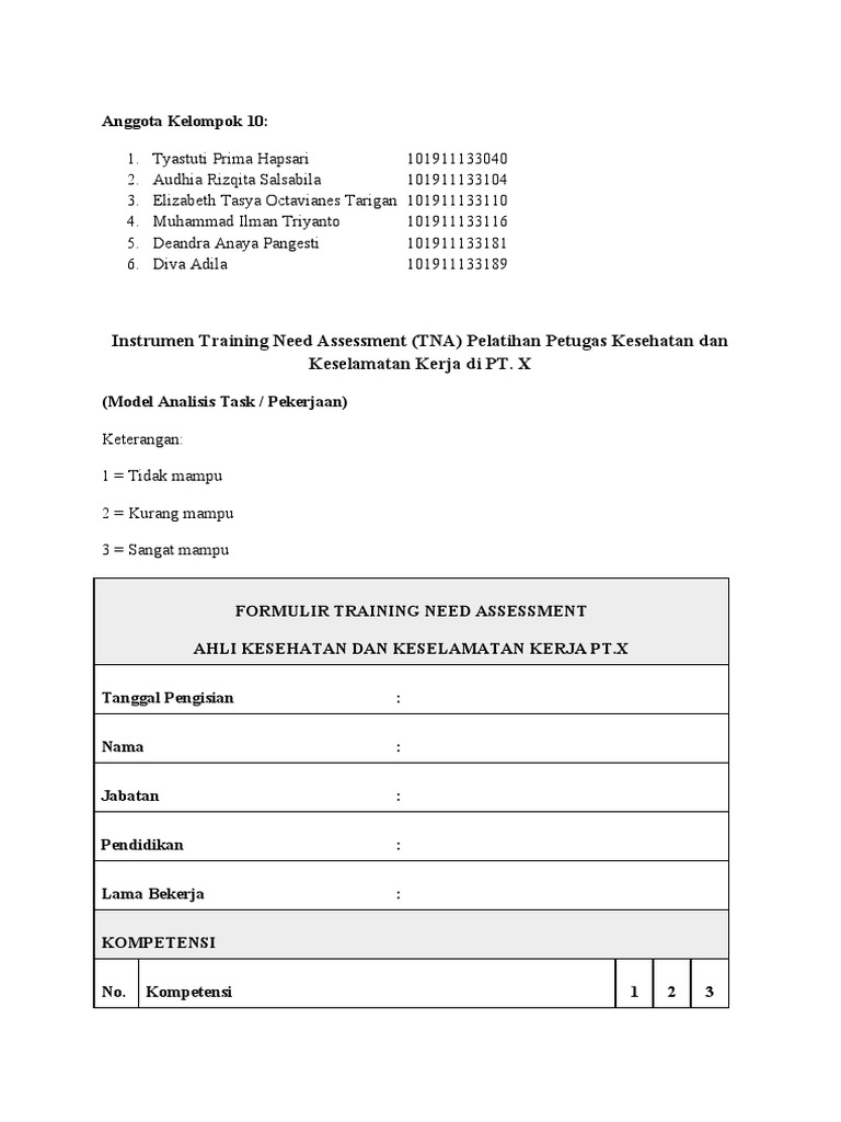 Formulir TNA K3 untuk PT. X | PDF | Karier & Perkembangan