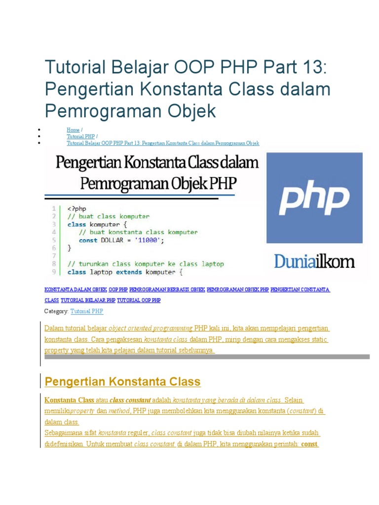 Tutorial Belajar OOP PHP Part 13 (Konstanta Class) | PDF | Karier & Perkembangan | Metode ...