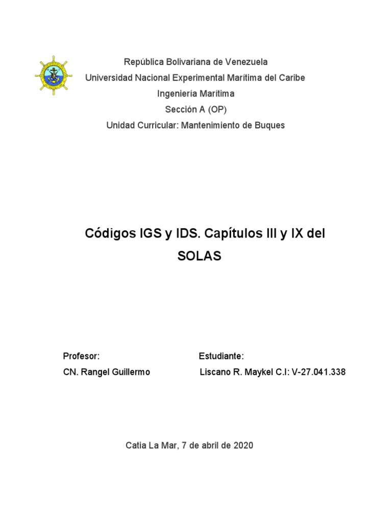 Codigos IGS y IDS. Capitulos III y IX SOLAS | PDF