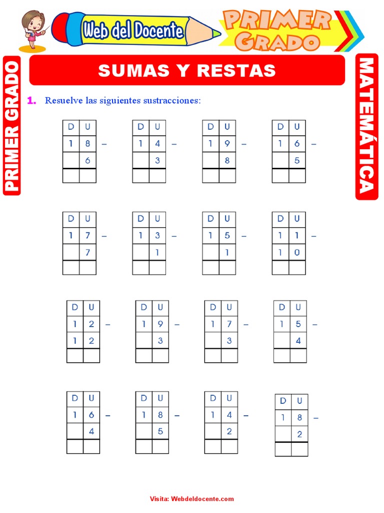 Sumas y Restas para Primer Grado de Primaria 1 | PDF | Enseñanza de ...