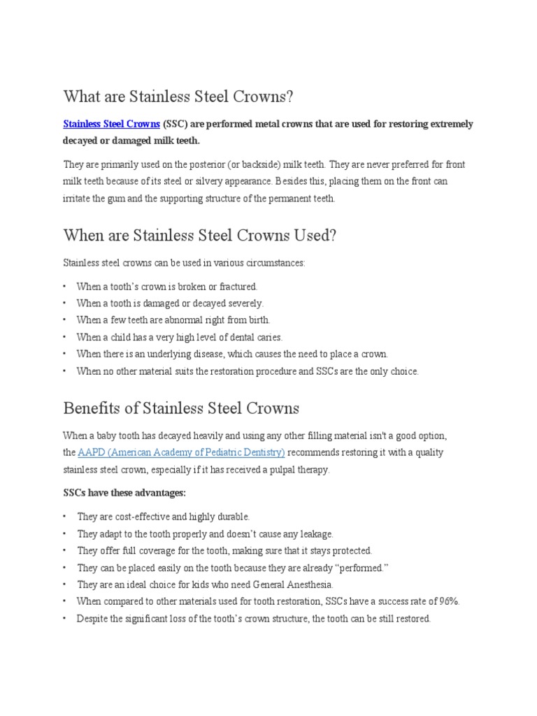 Stainless Steel Dental Crowns | PDF | Dentistry | Dentistry Branches