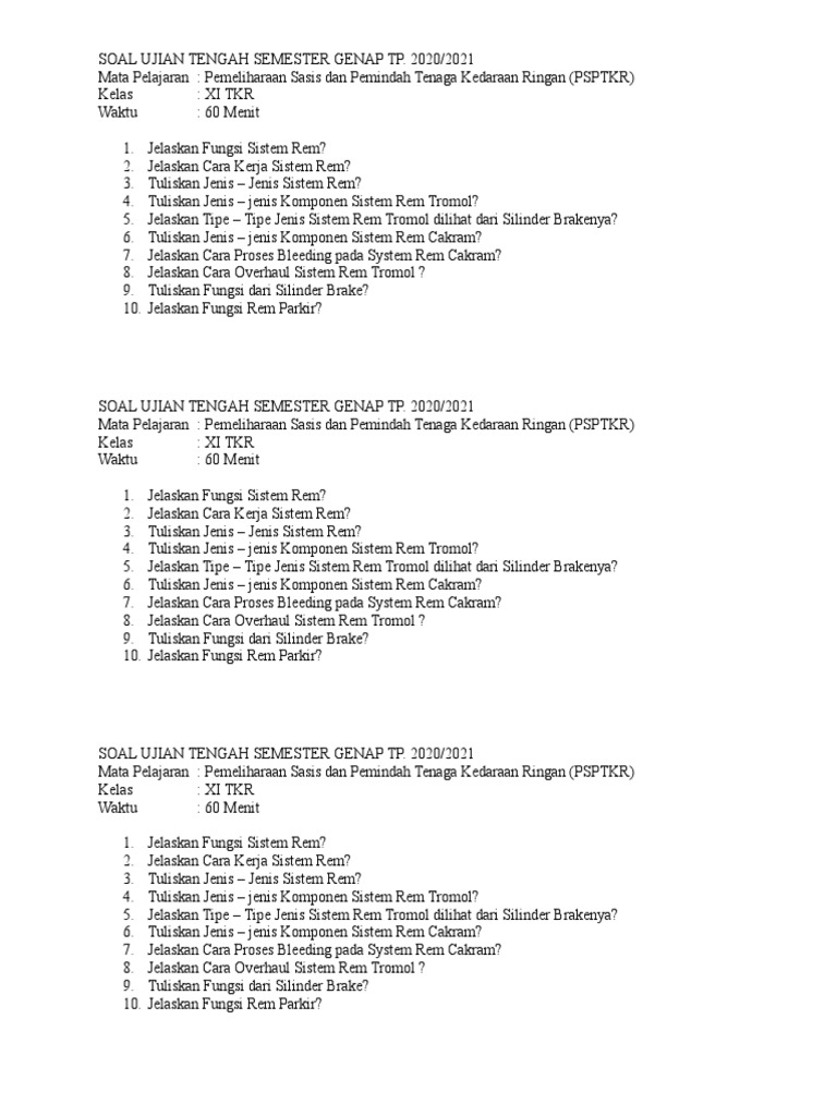 Soal PSPTKR Kelas Xi TKR Mid Genap 2021 | PDF