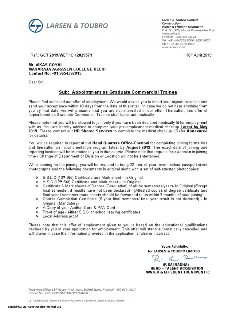 Sub: Appointment As Graduate Commercial Trainee: Sensitivity: LNT Construction Internal Use ...